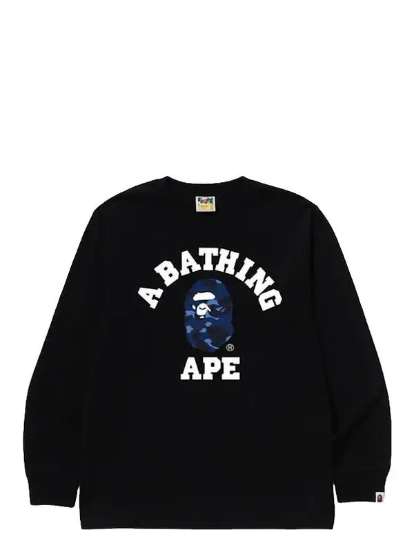 A BATHING APE Camo College Long Sleeve Tee Shirt - Black/navy Blue