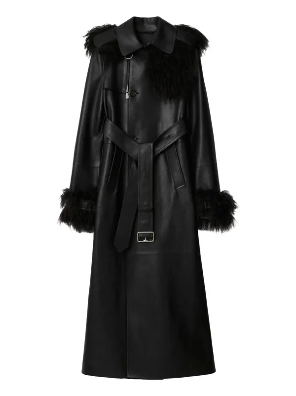 Burberry Shearling-trim Leather Trench Coat - Black
