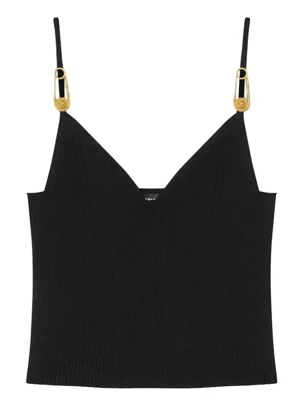 Versace Ribbed Knit V-neck Cropped Top With Safety Pin Detail - Black