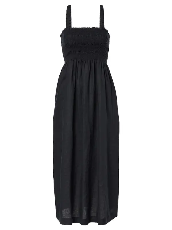 Heidi Klein La Bocana Shirred Linen Midi Dress - Black