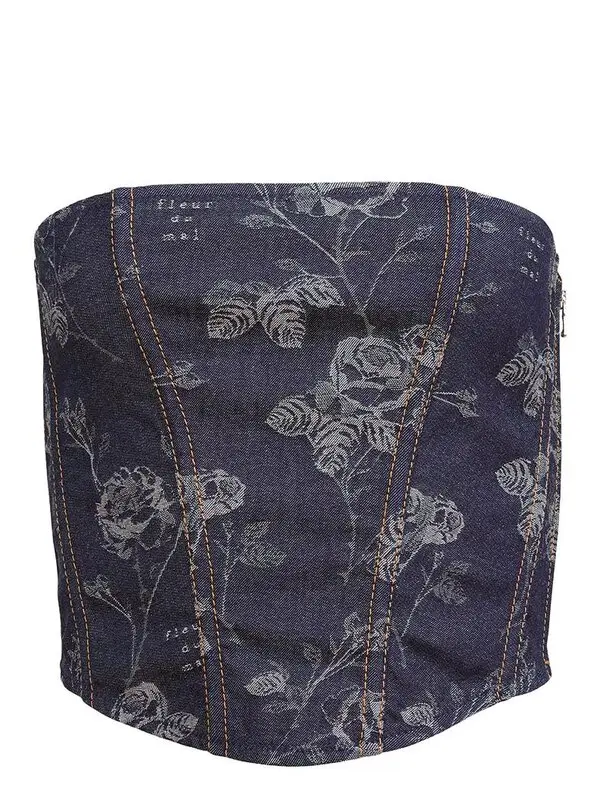 Fleur Du Mal Denim Jacquard Corset Top - Floral Jacquard