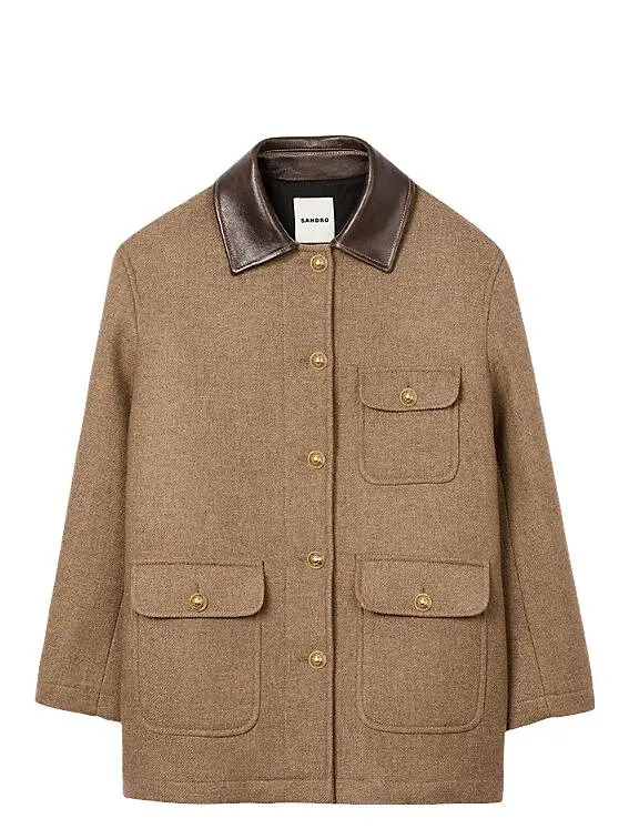 Sandro Contrast-collar Tweed Coat - Caramel