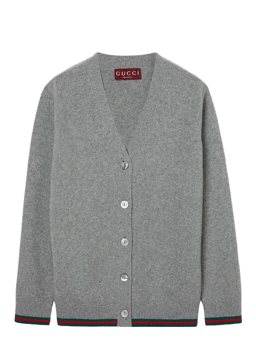 Gucci Wool And Cashmere Cardigan With Web - Grey