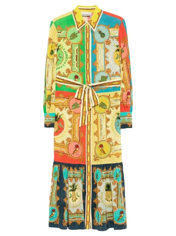 ALEMAIS Graphic Print Silk Dress - Green/yellow