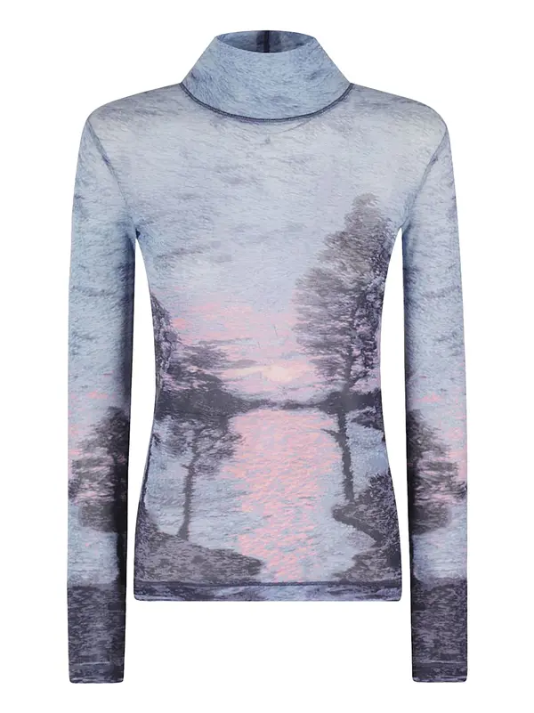 Maison Kitsuné Landscape-print Mesh High-neck Top - Grey