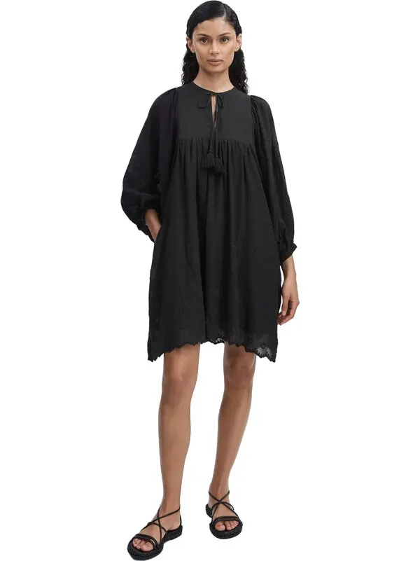 Mille Cotton Puff Sleeve Mini Dress - Black