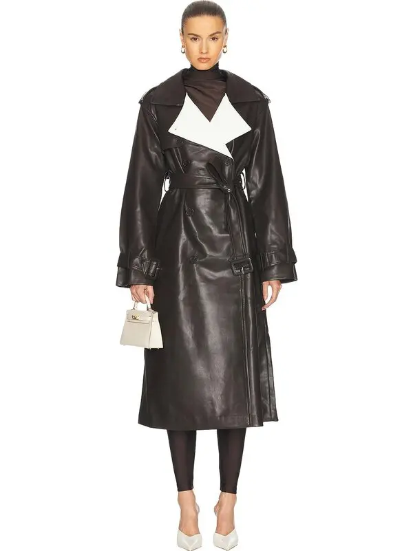 SEROYA Vegan Leather Trench Coat - Ash Brown