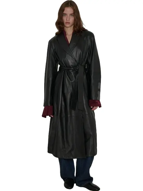 Veda Frida Full Length Leather Wrap Coat - Black