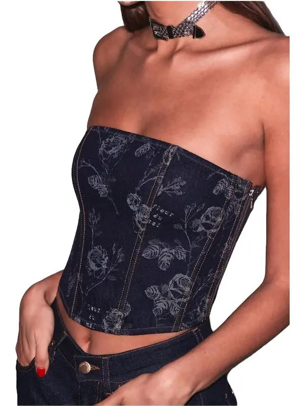 Fleur Du Mal Denim Floral Jacquard Corset Top - Floral / Multicolor
