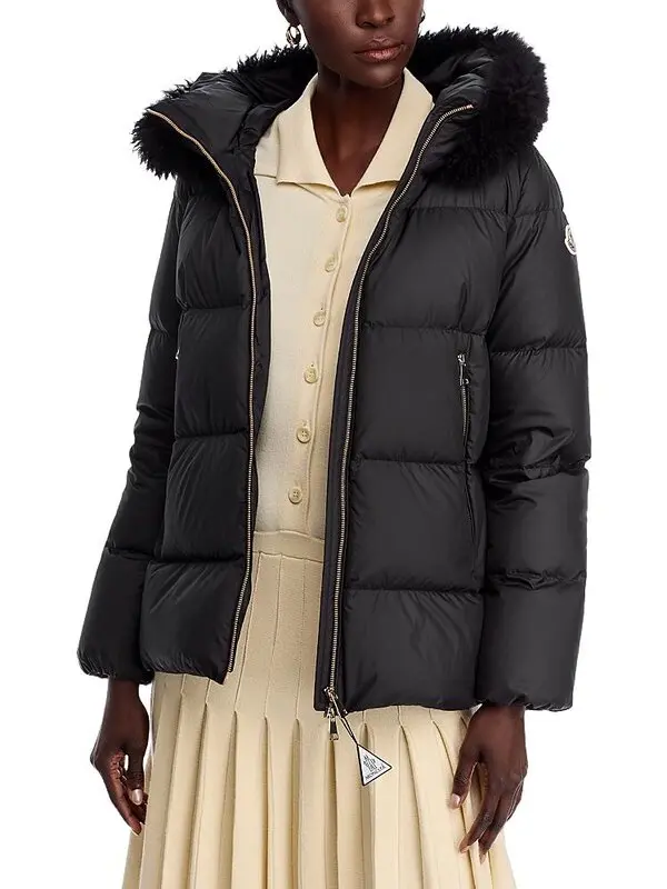 Moncler Laichefur Shearling Trim Hooded Down Jacket - Black