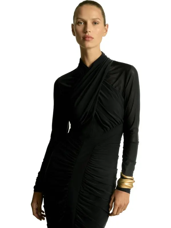 REISS Myla Ruched Bodycon Midi Dress - Black