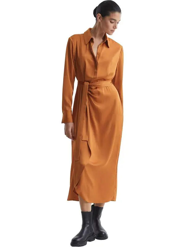 REISS Arabella Satin Shirt-style Midi Dress - Rust