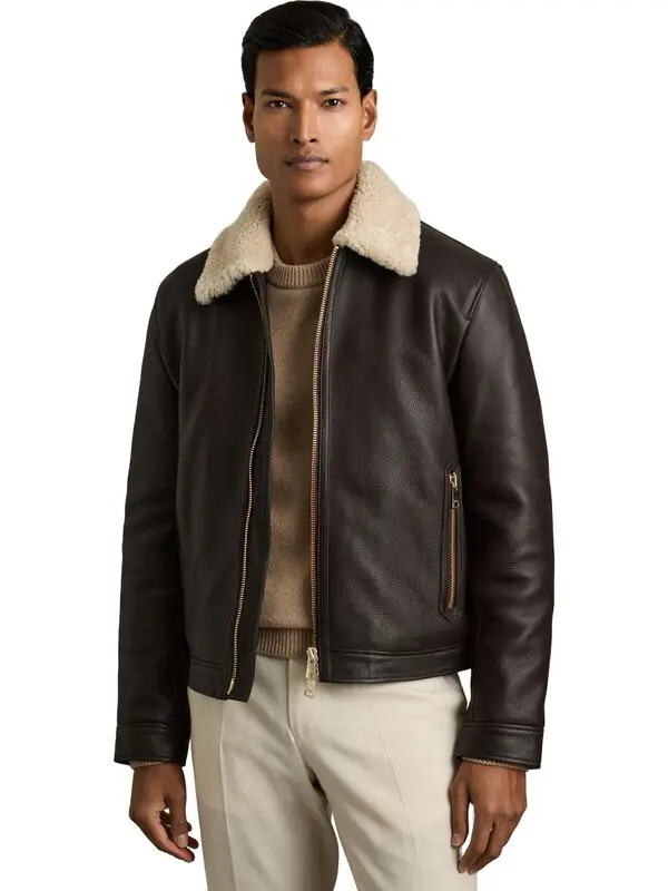 REISS Shetland Shearling-collar Leather Jacket - Dark Brown
