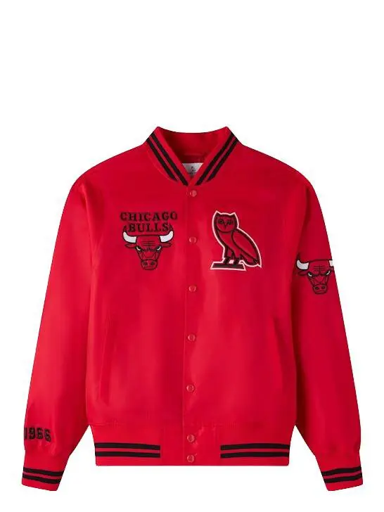 OVO X Nba Chicago Bulls Satin Varsity Jacket - Red