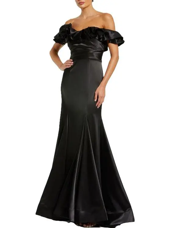 Mac Duggal Satin Ruffle Off The Shoulder Mermaid Gown - Black