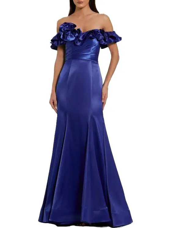 Mac Duggal Satin Ruffle Off The Shoulder Mermaid Gown - Cobalt