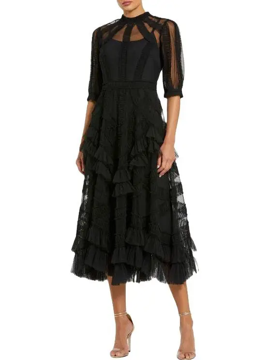 Mac Duggal High Neck Puff Sleeve Ruffle Tiered Dress - Black