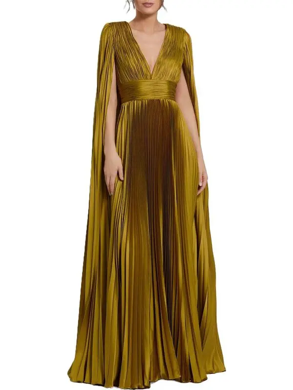 Mac Duggal Pleated Charmeuse V-neck Gown With Cape - Chartreuse