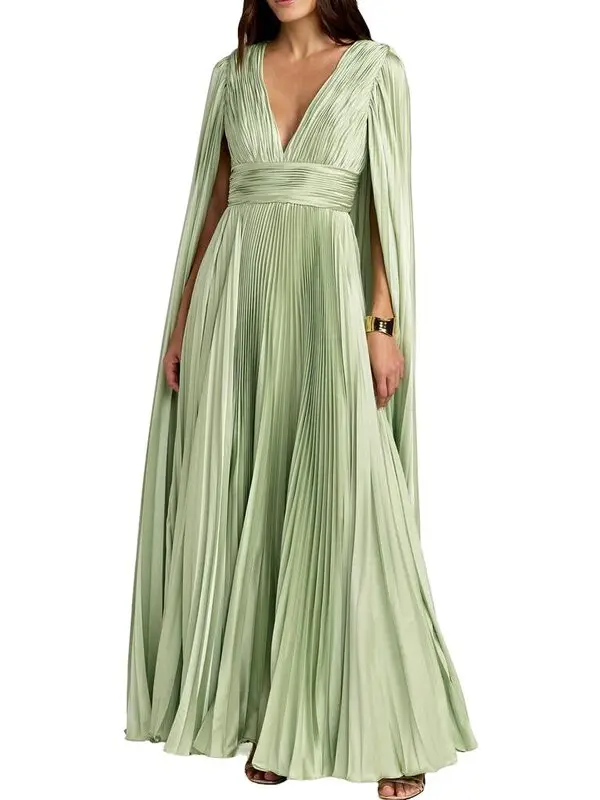 Mac Duggal Pleated Charmeuse V-neck Gown With Cape Sleeves - Sage