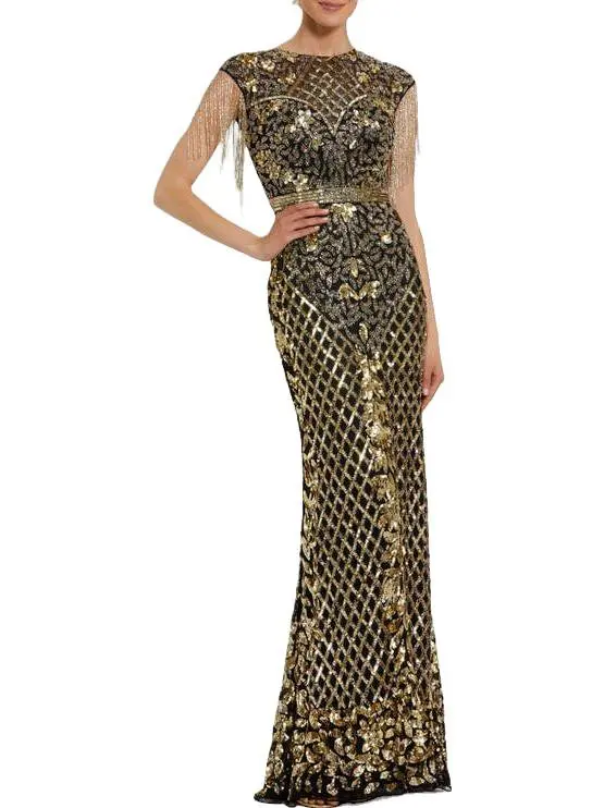 Mac Duggal High Neck Beaded Fringe Gown - Black Gold