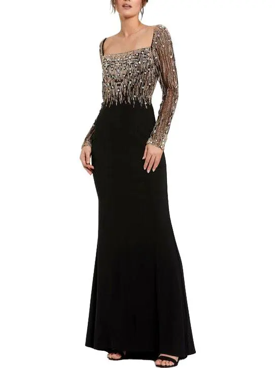 Mac Duggal Beaded Square Neck Long Sleeve Jersey Gown - Black Gold
