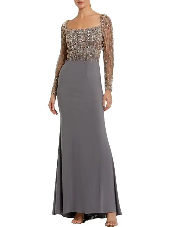 Mac Duggal Beaded Square Neck Long Sleeve Jersey Gown - Platinum Gold