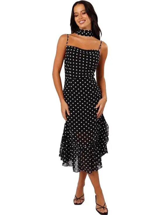 PETAL & PUP Francesca Dot Midi Dress With Scarf - Black Polka Dot