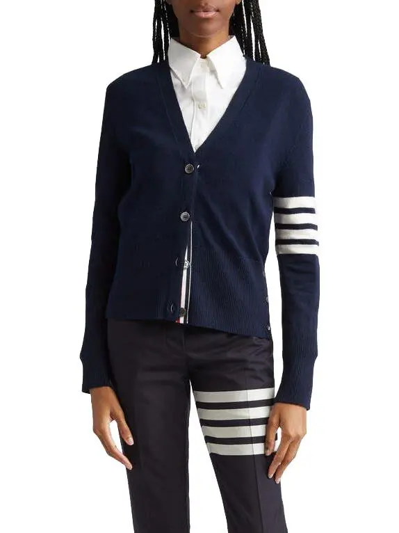 Thom Browne Classic 4-bar Virgin Wool V-neck Cardigan - Navy