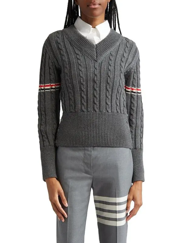 Thom Browne Cable Knit Virgin Wool V-neck Sweater - Medium Grey