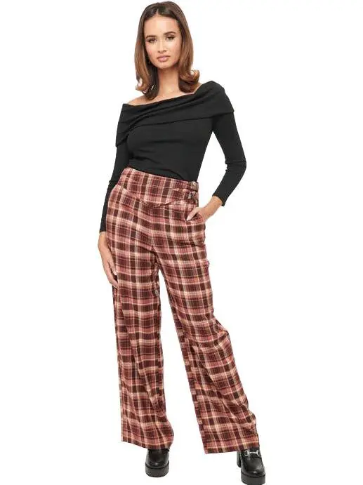 Unique Vintage Double Belt Woven Trousers - Burgundy Plaid