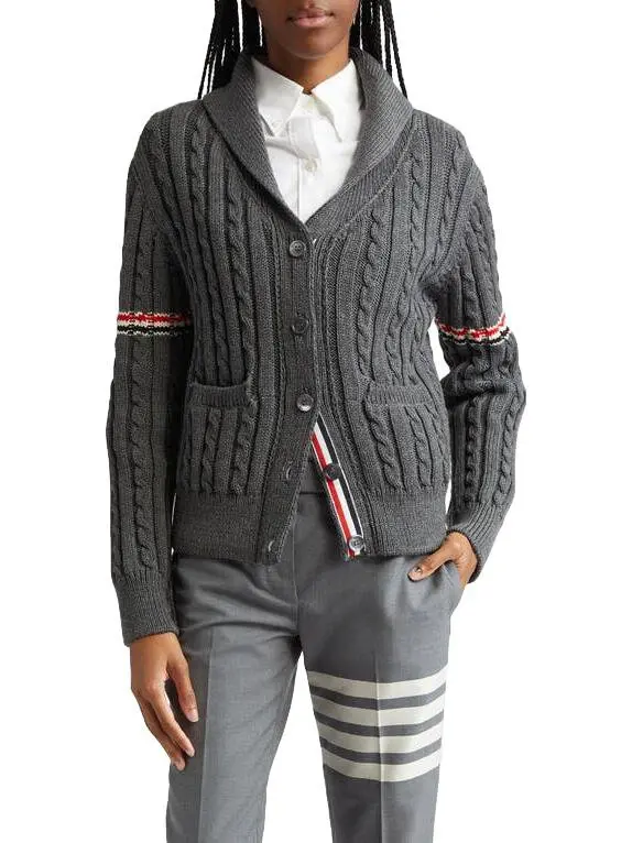 Thom Browne Shawl Collar Cable Knit Virgin Wool Cardigan - Medium Grey