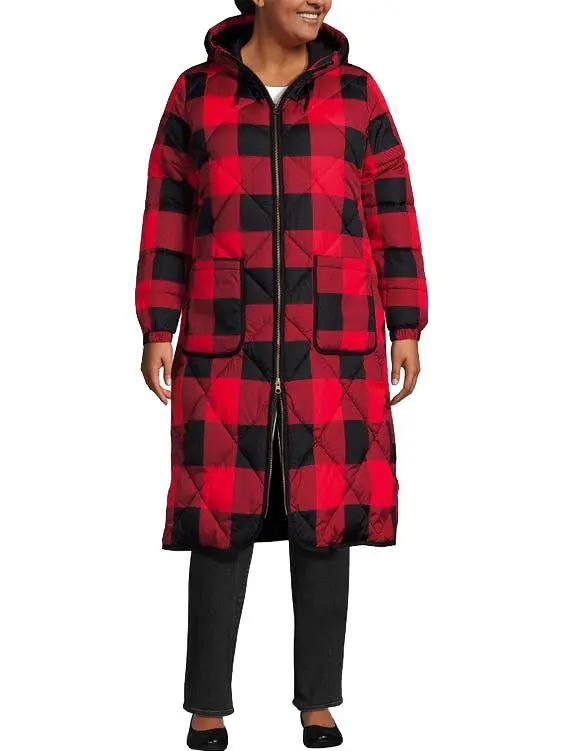 LANDS' END Featherfree Insulated Diamond Quilted Maxi Coat - Compass Red Check