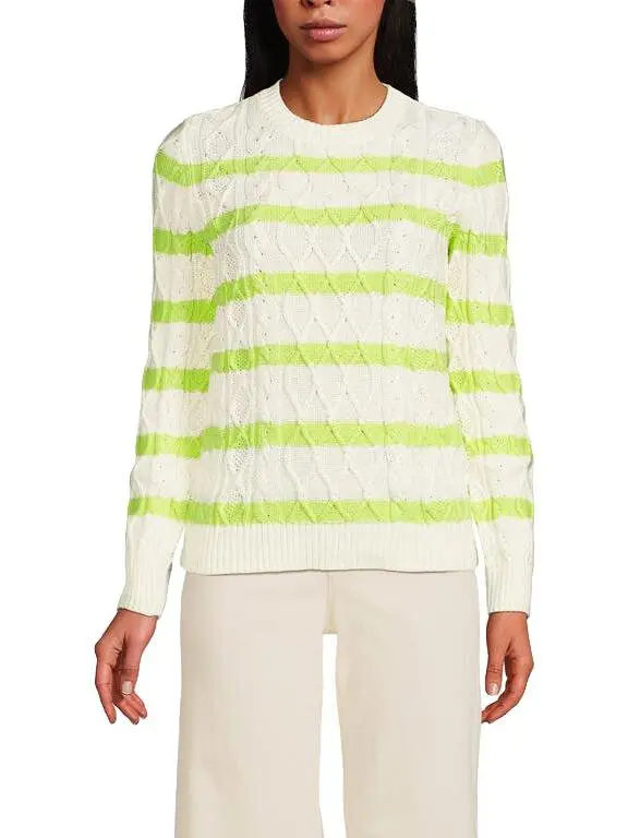 LANDS' END Cotton Drifter Crew Cable Pullover Sweater - Ivory/limoncello Gulf Stripe