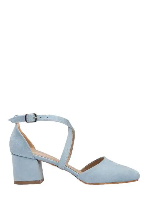 FOREVER & ALWAYS SHOES Dolly Low Block Heel Pumps - Baby Blue Faux Leather