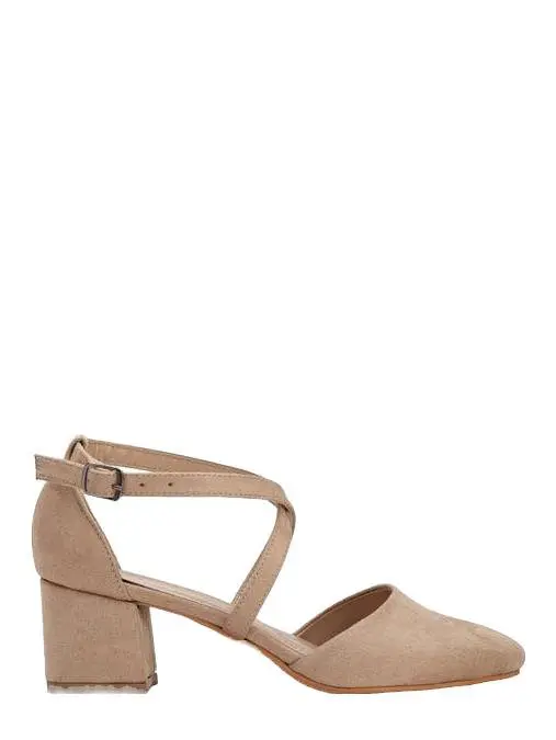 FOREVER & ALWAYS SHOES Dolly Low Block Heel Pumps - Beige Suede Faux Leather
