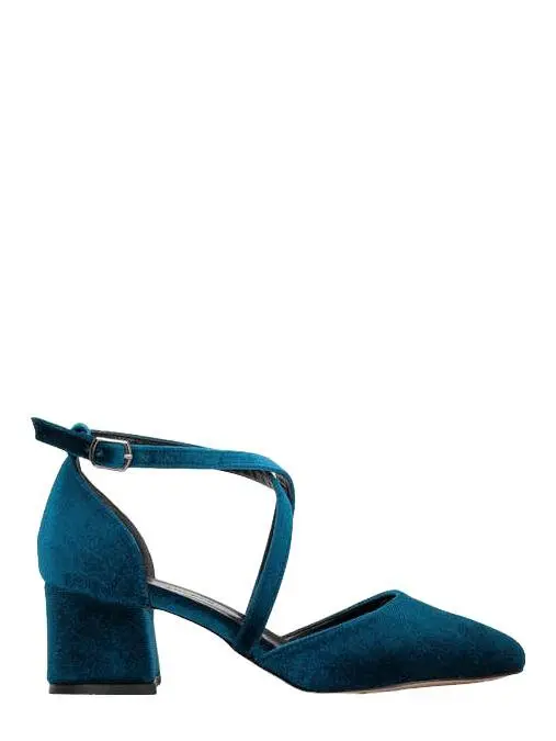 FOREVER & ALWAYS SHOES Dolly Low Block Heel Pumps - Teal Blue Velvet