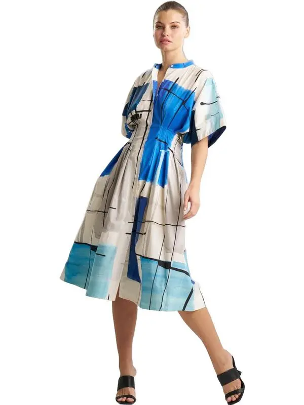 Natori Printed Cotton Poplin Button-down Dress - Blue/grey