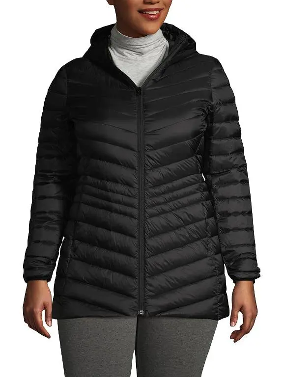 LANDS' END Wanderweight Packable Down Hooded Long Jacket - Black