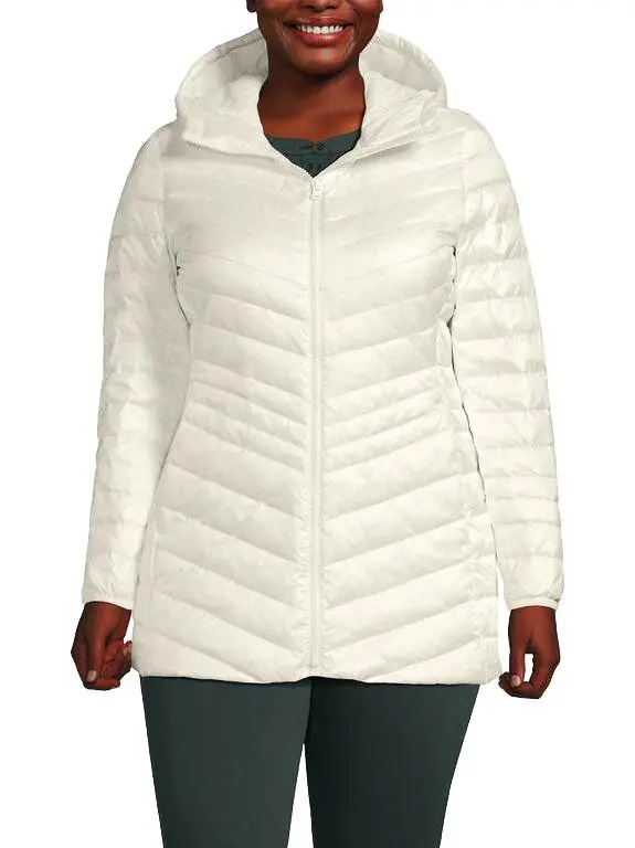 LANDS' END Wanderweight Packable Down Long Jacket - Ivory Shine