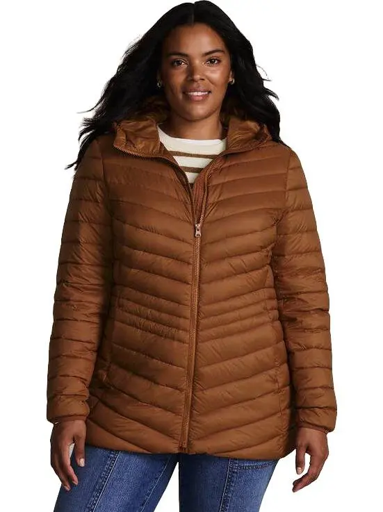 LANDS' END Wanderweight Packable Down Long Jacket - Rich Ginger Brown