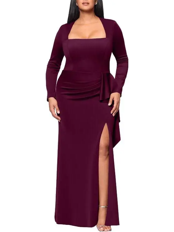 XSCAPE EVENINGS Side Ruffle Long Sleeve Scuba Knit Gown - Wine