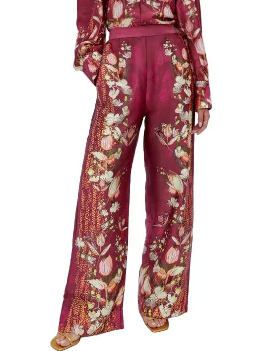 RAISHMA Floral Print Wide Leg Trousers - Burgundy