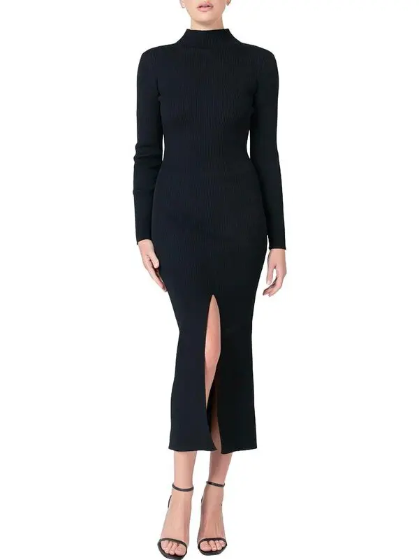Endless Rose Mock Neck Ribbed Midi Dress - Black