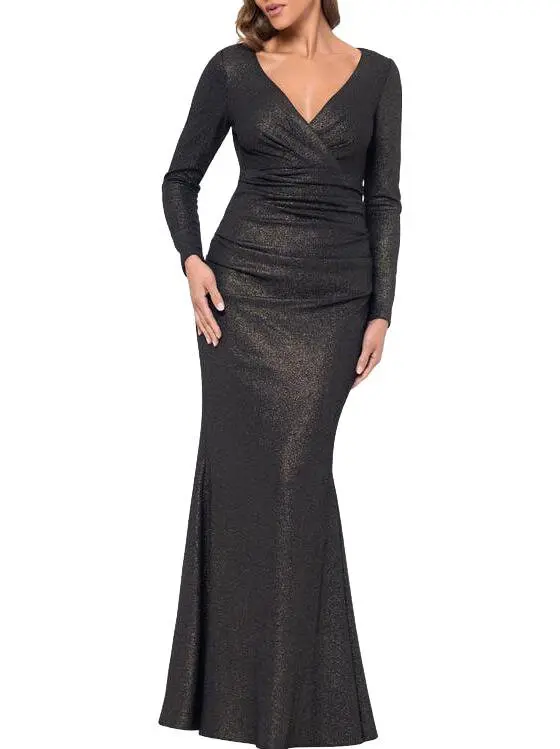 XSCAPE EVENINGS Long Sleeve Metallic Ruched Gown - Black/ Gold