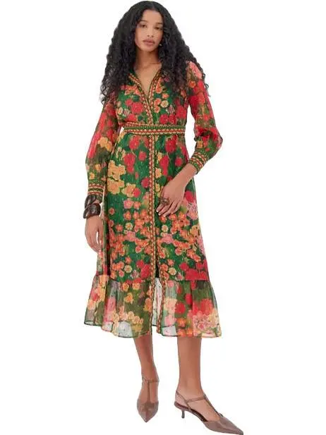 RAISHMA Floral Print Midi Dress - Olive