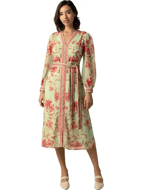 RAISHMA Floral Print Midi Dress With Tie Waist - Green