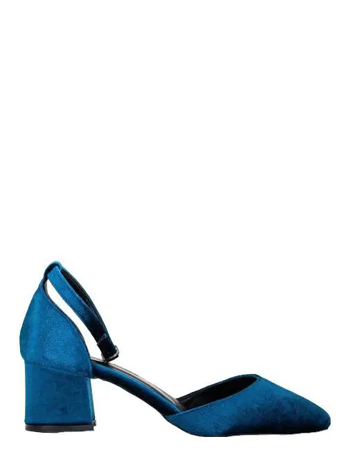 FOREVER & ALWAYS SHOES Marcelle Low Block Heel Pumps - Teal Blue Velvet