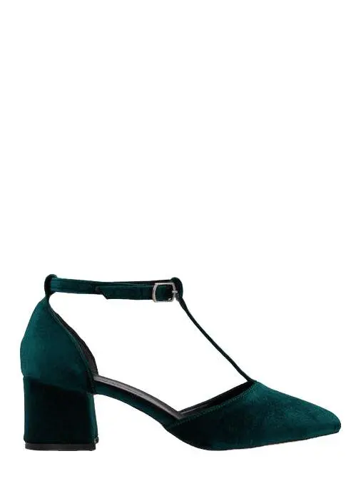 FOREVER & ALWAYS SHOES Anicette Velvet Mary Jane Heels - Emerald Green