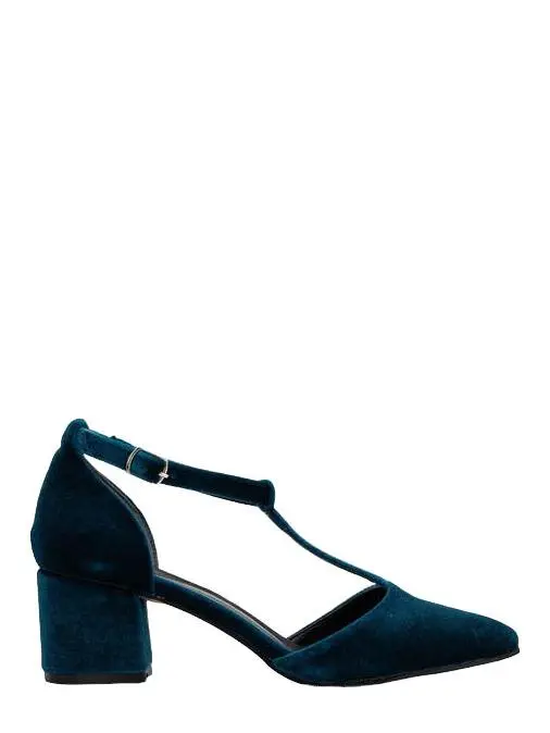 FOREVER & ALWAYS SHOES Anicette Velvet Mary Jane Heels - Teal Blue