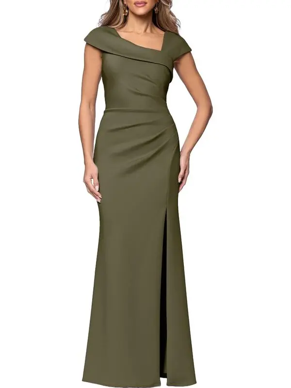 XSCAPE EVENINGS Asymmetric Neck Scuba Knit Trumpet Gown - Olive